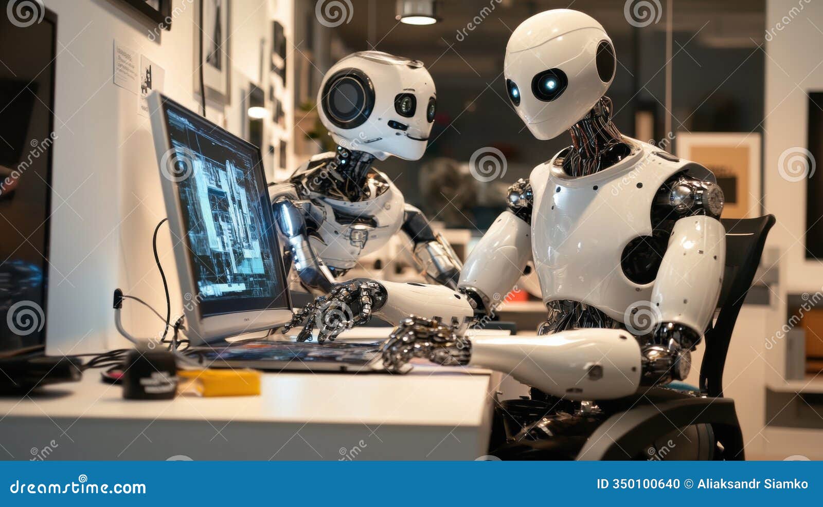 Two Humanoid Robots Collaborating at a Modern Workstation Together ...