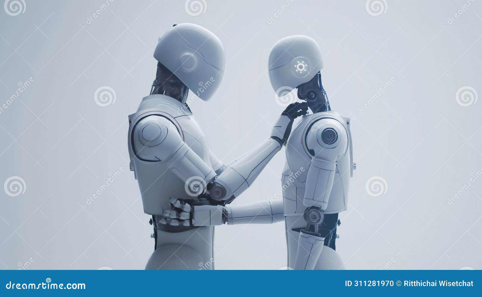 Two Humanoid Robots Face Each Other, Their Hands Clasped in a Human ...