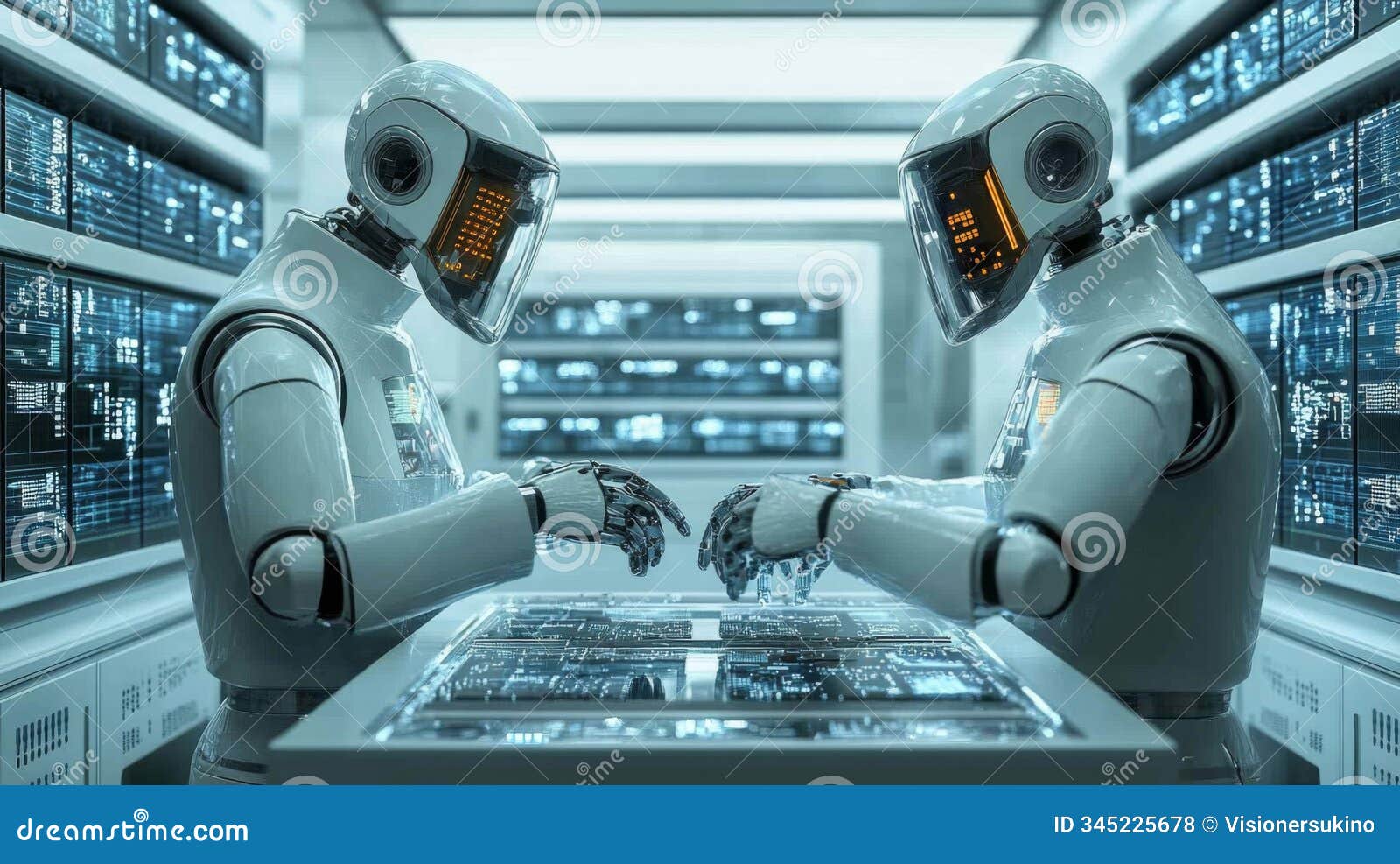 Two Humanoid Robots Working on a Digital Interface in a Futuristic ...
