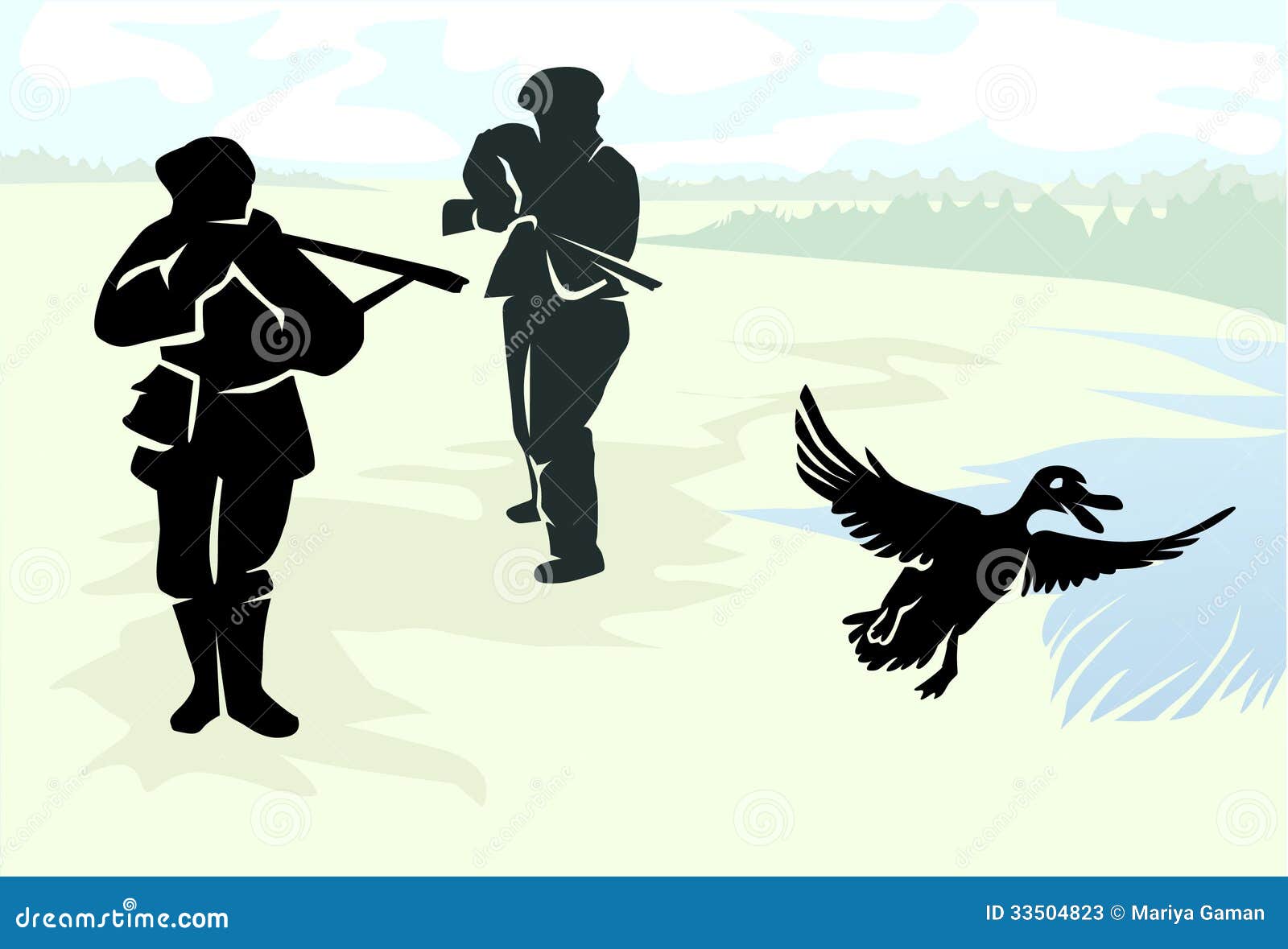 Hunters - Men With Gun Shooting In Forest And Swamp, Holding Killed ...