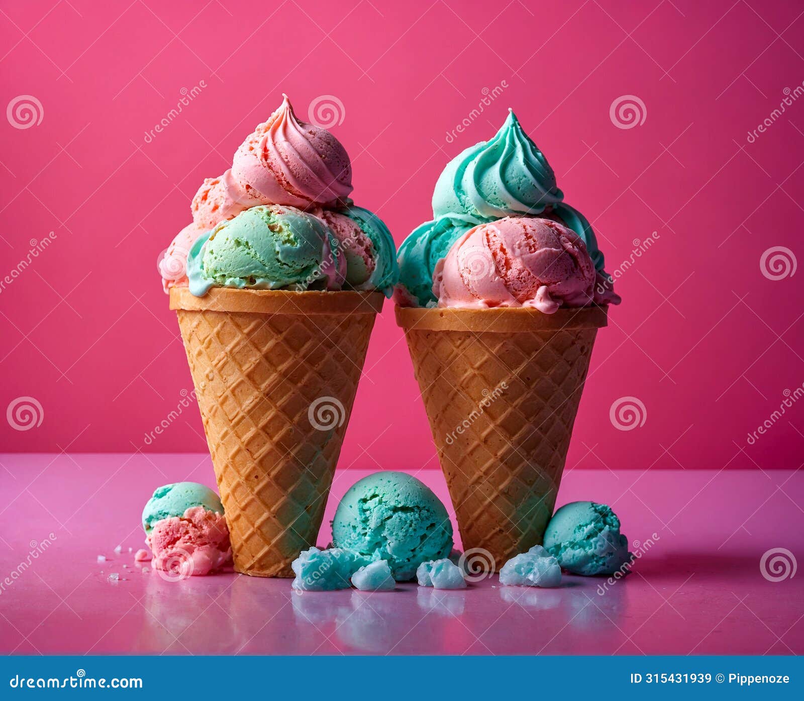 Two Ice Cream Cones with Different Bright Colored Ice Cream on Top. AI ...