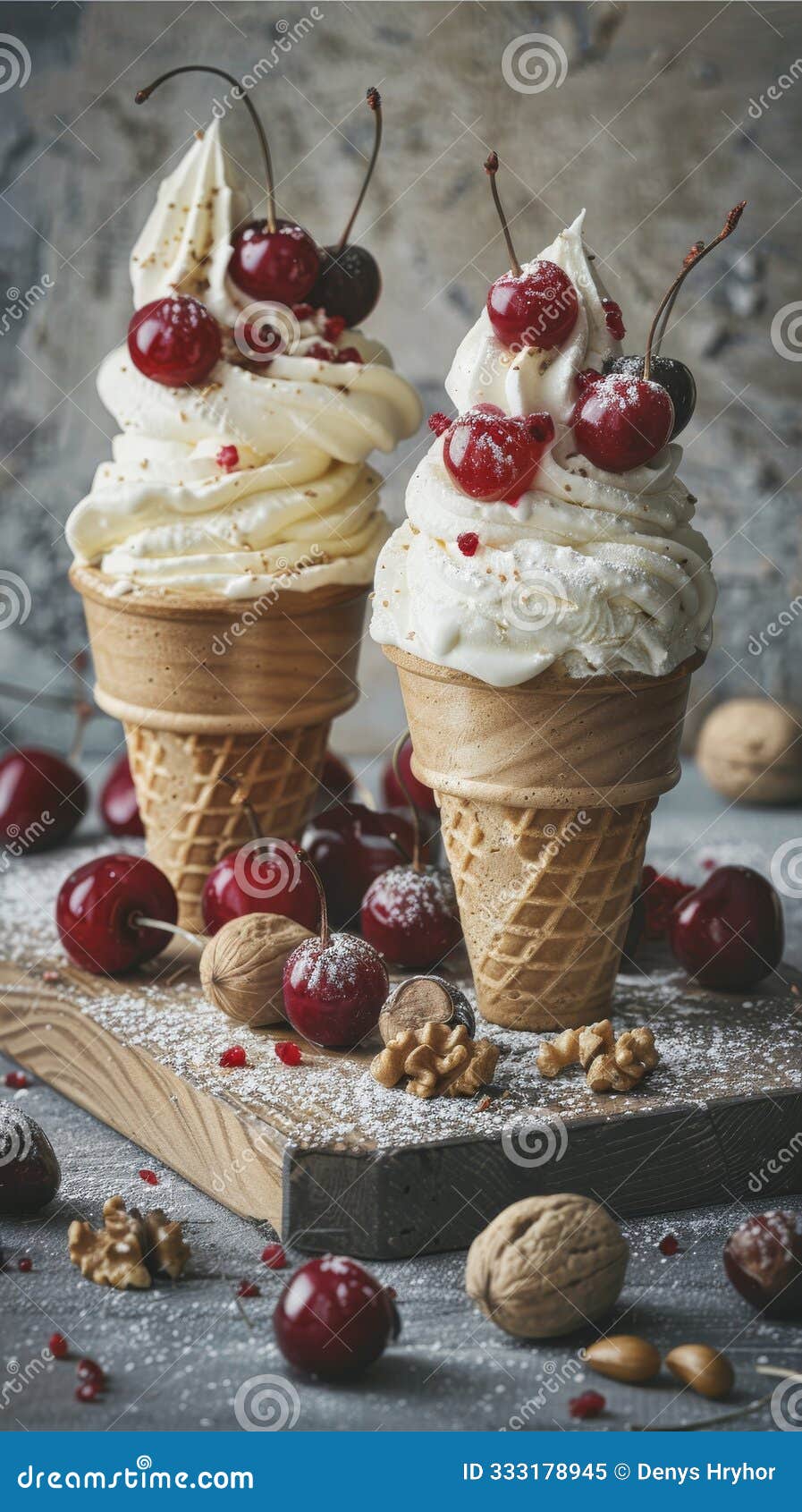 Two Ice Cream Cones Topped with Cherries and Nuts Stock Image - Image ...