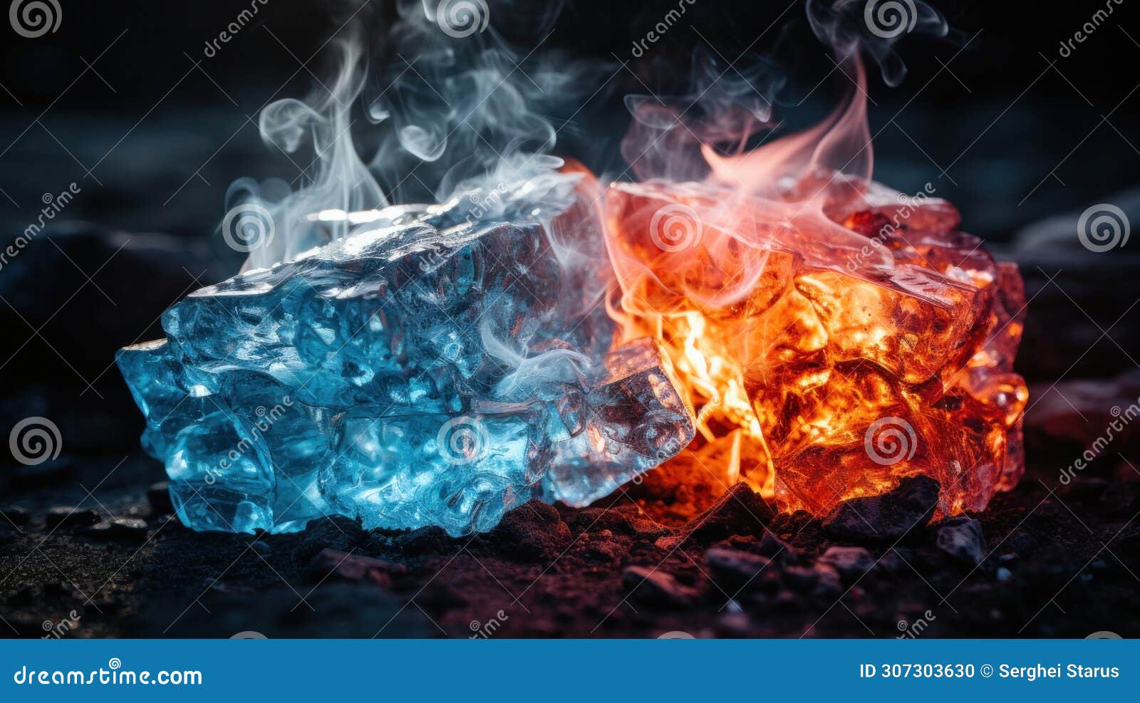 Two Ice Cubes are Burning with Fire on a Rock, AI Stock Photo - Image ...