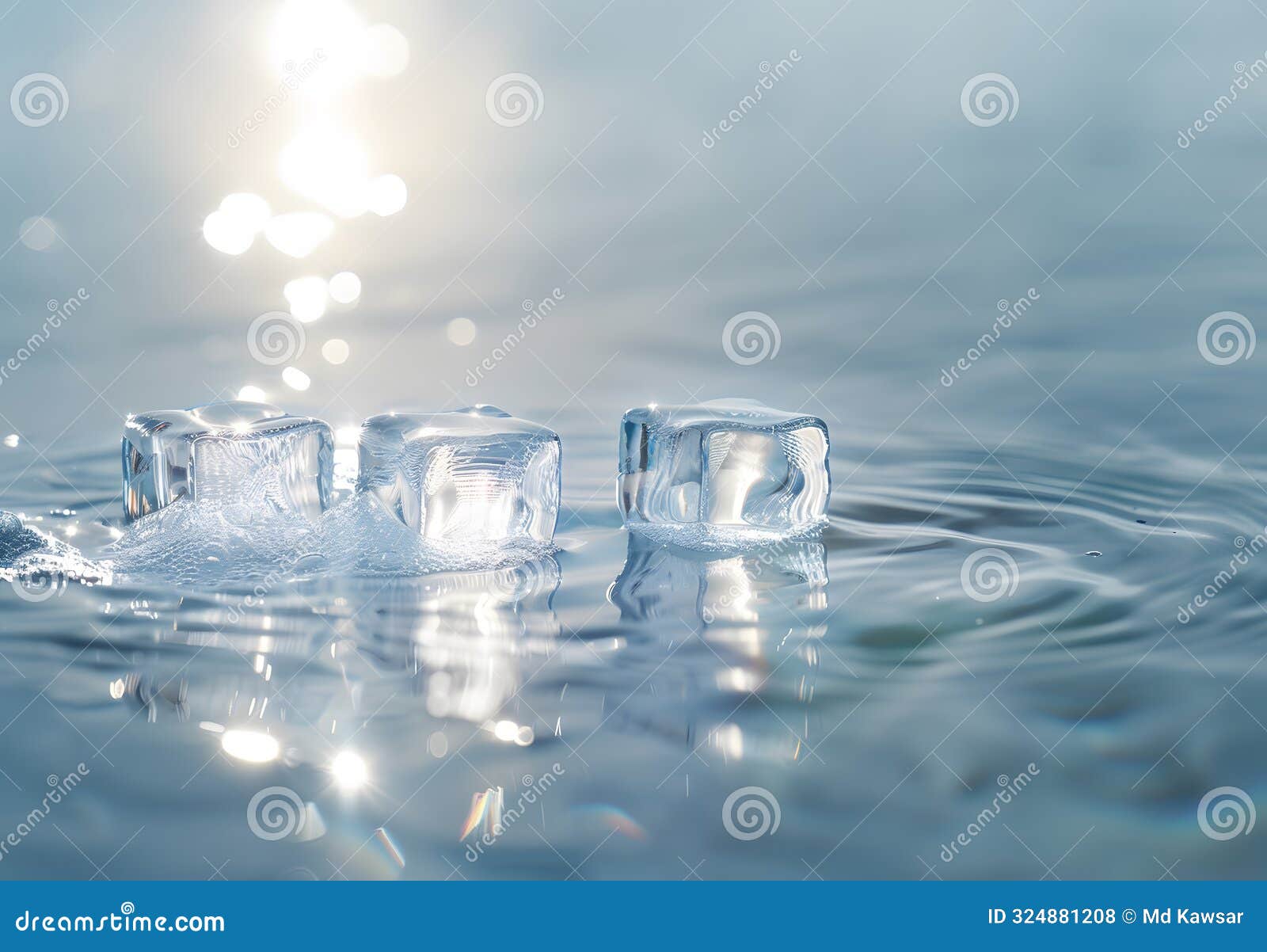 Two Ice Cubes Floating in Water with Sunlight Reflection Stock ...