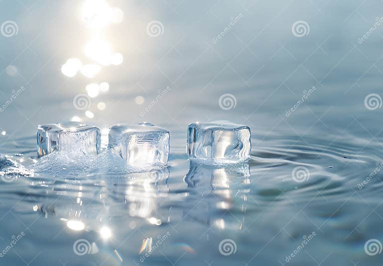 Two Ice Cubes Floating in Water with Sunlight Reflection Stock ...