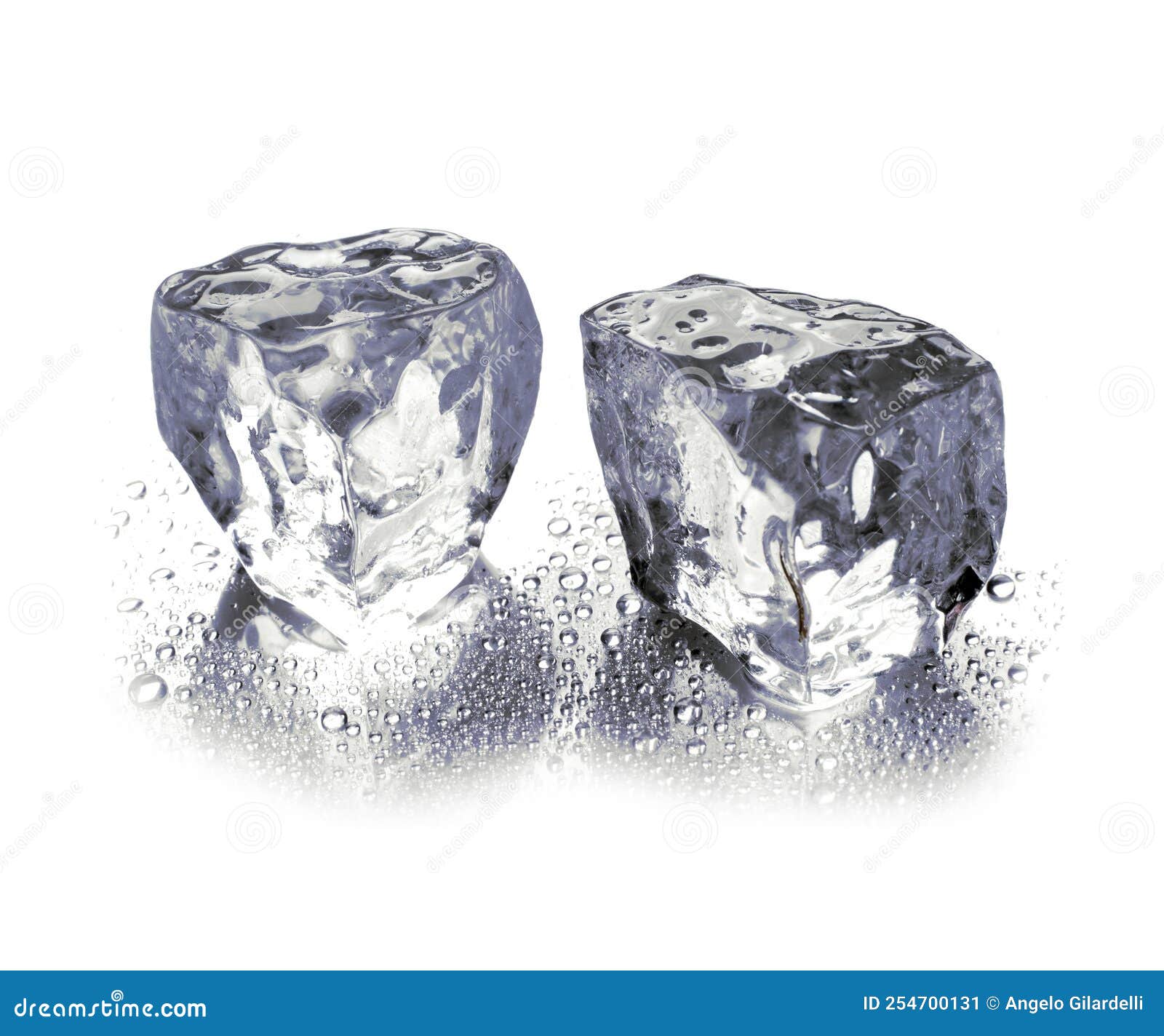 Two Ice Cubes Resting on a Reflective White Surface, with Water ...