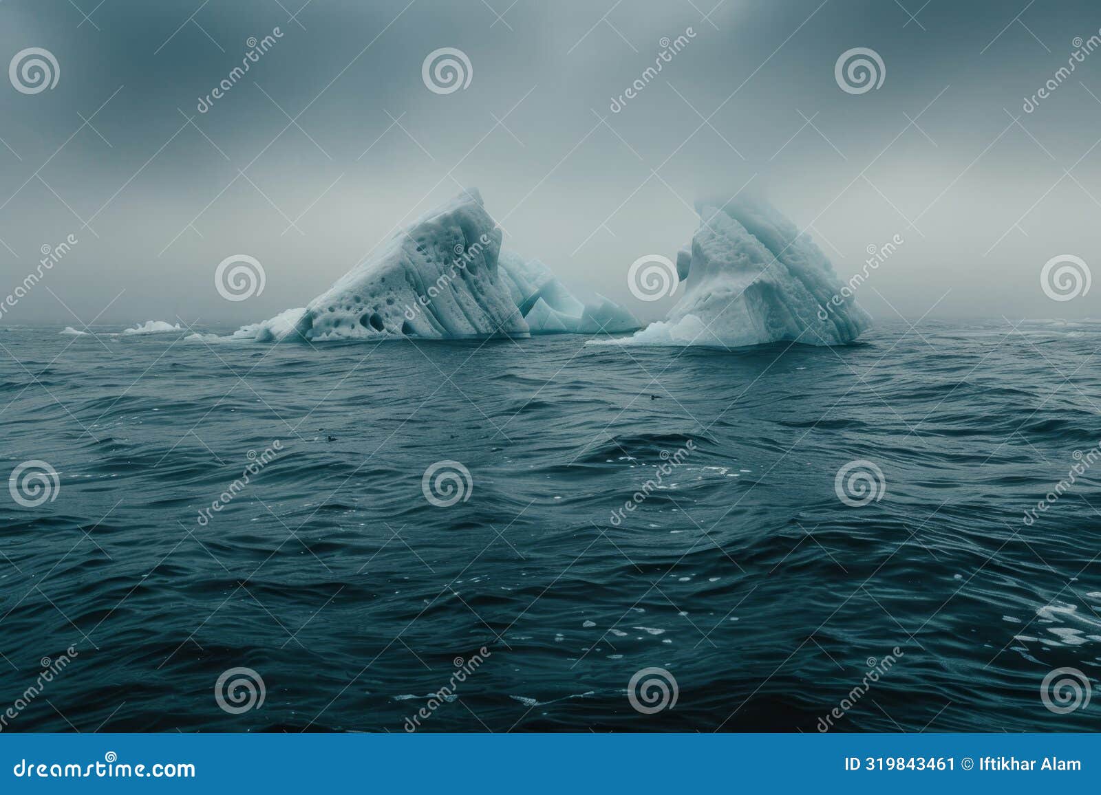 Two Icebergs Float in the Vast Ocean Under a Cloudy Sky, Icebergs ...