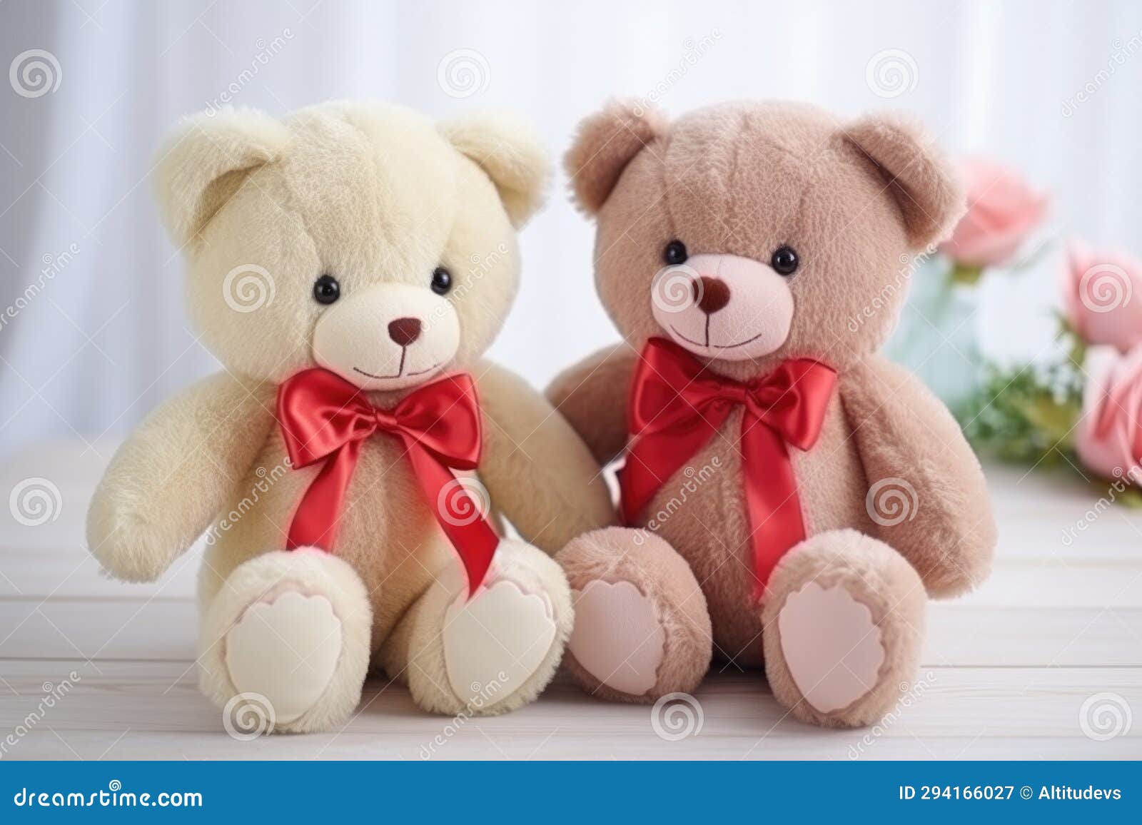 Two Identical Teddy Bears with Different Ribbon Colors Stock ...