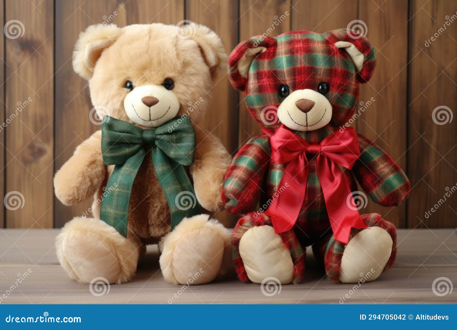 Two Identical Teddy Bears with Different Ribbon Colors Stock Photo ...