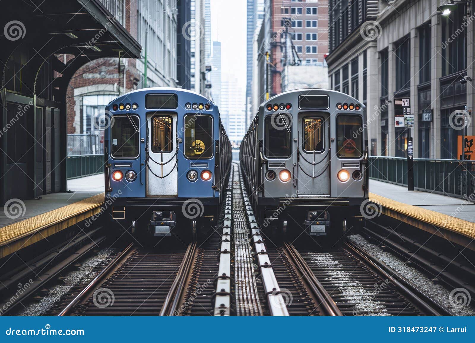Two Identical Trains at a Station, Under an Intricate Metal Structure ...