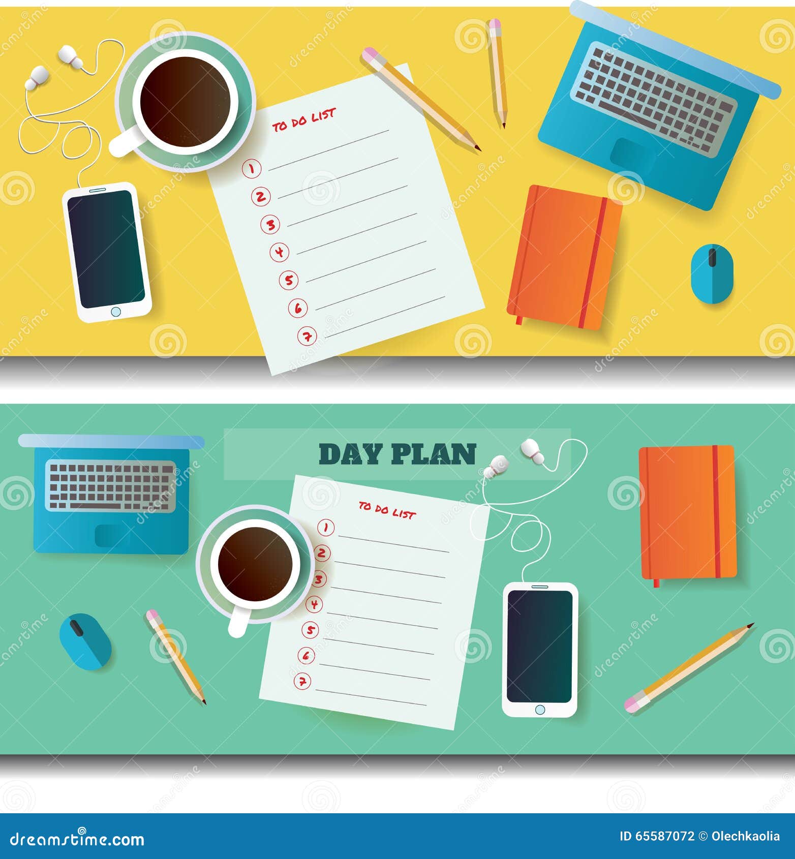 Two Illustrations of Table with Day Plan Blank and Different Objects ...