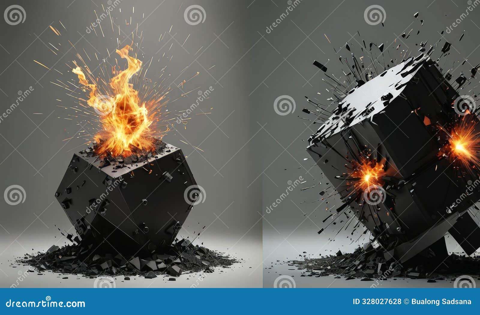 Two Images Black Cube with Fire-like Explosion on Top, Accompanied by ...