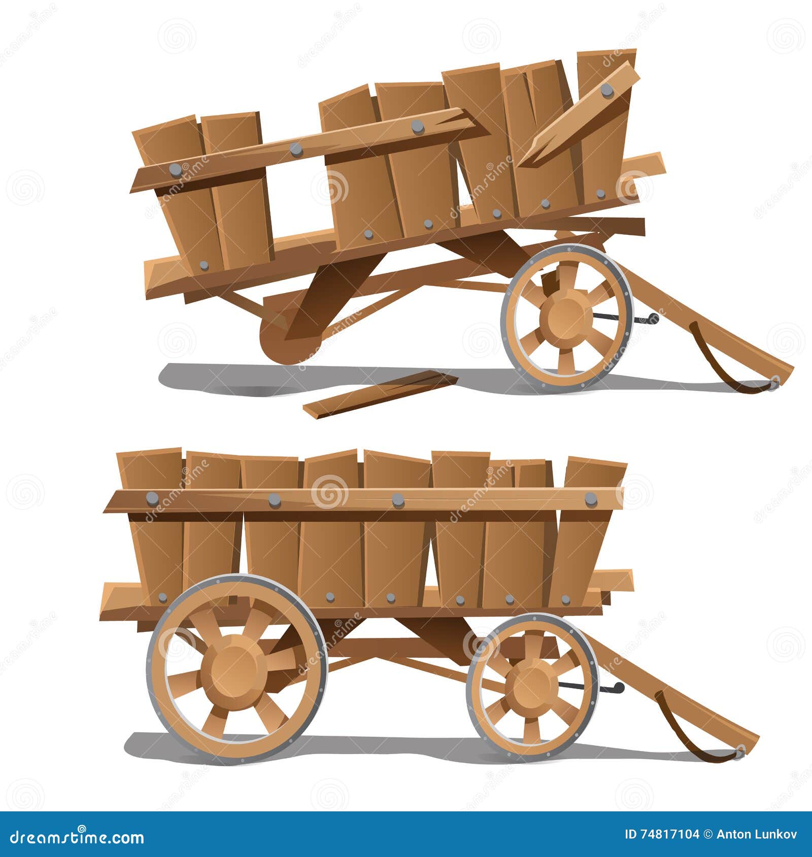 Two Images of Old Wooden Carts, New and Broken Stock Vector ...