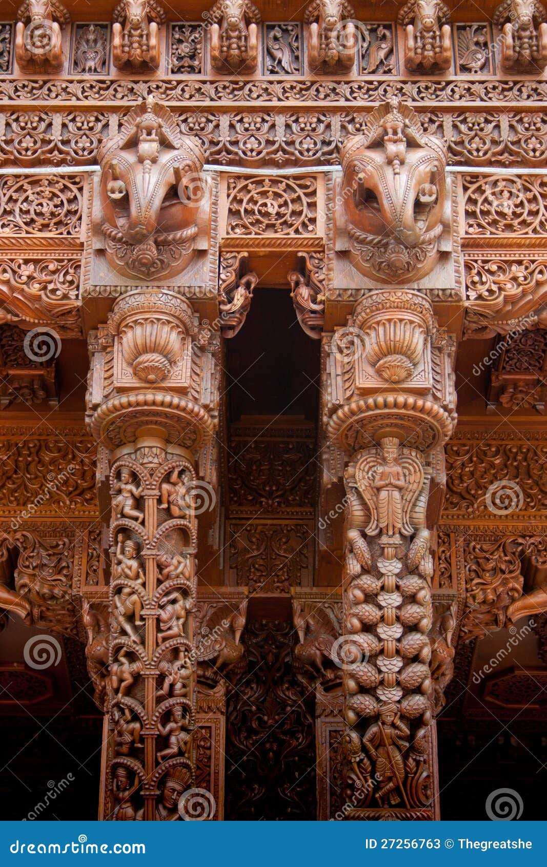 Two Indian Elephant Wood Carving Columns Stock Image - Image of detail ...