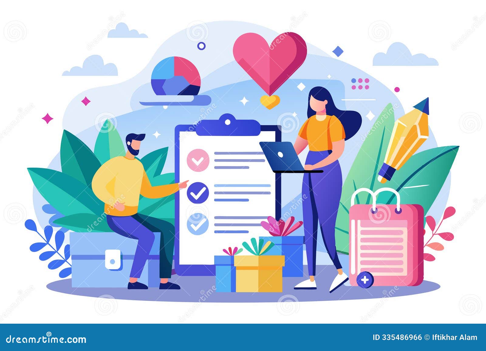 Two Individuals Collaborate on a Project, Using a Checklist and Laptop Amidst Vibrant Elements ...