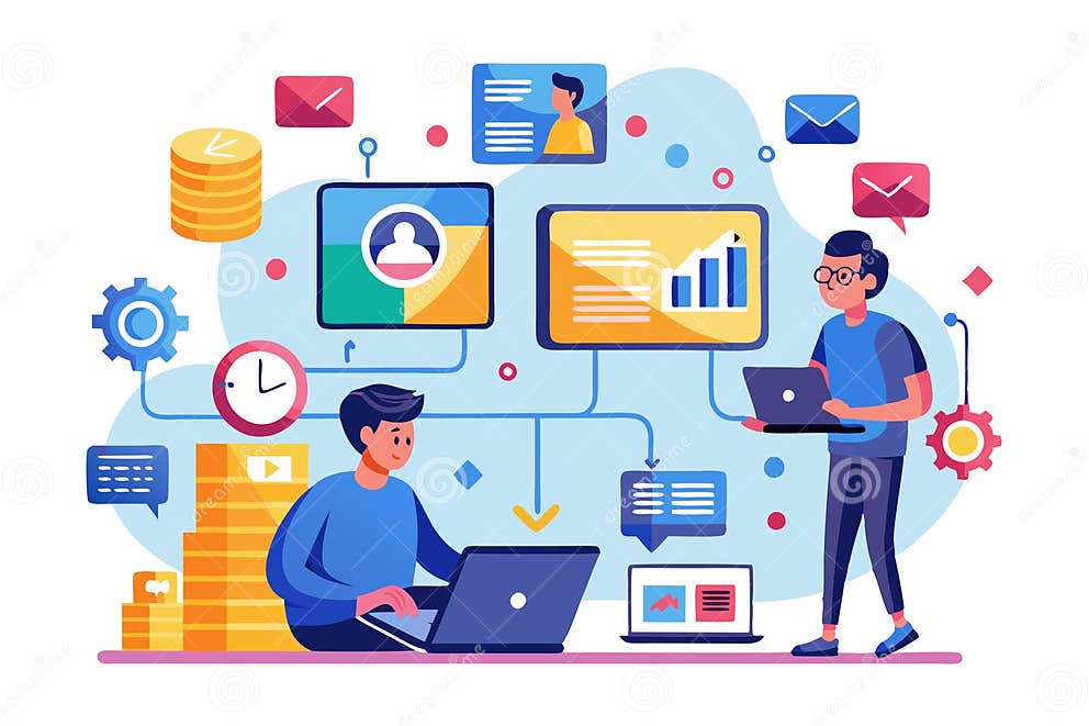 Two Individuals Engaged in Data Synchronization Activities Using Laptops in an Office ...