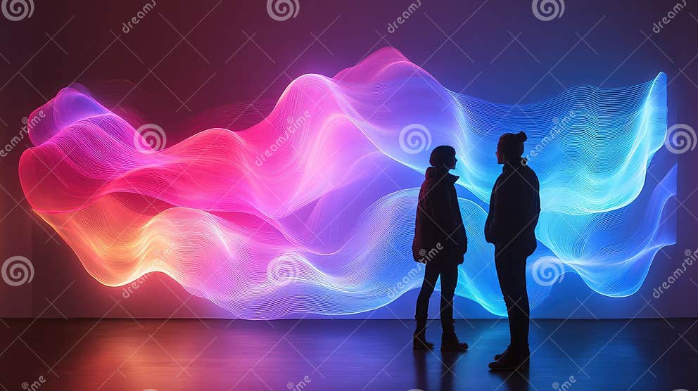 Two Individuals Observing a Large-Scale Light Installation with Dynamic ...