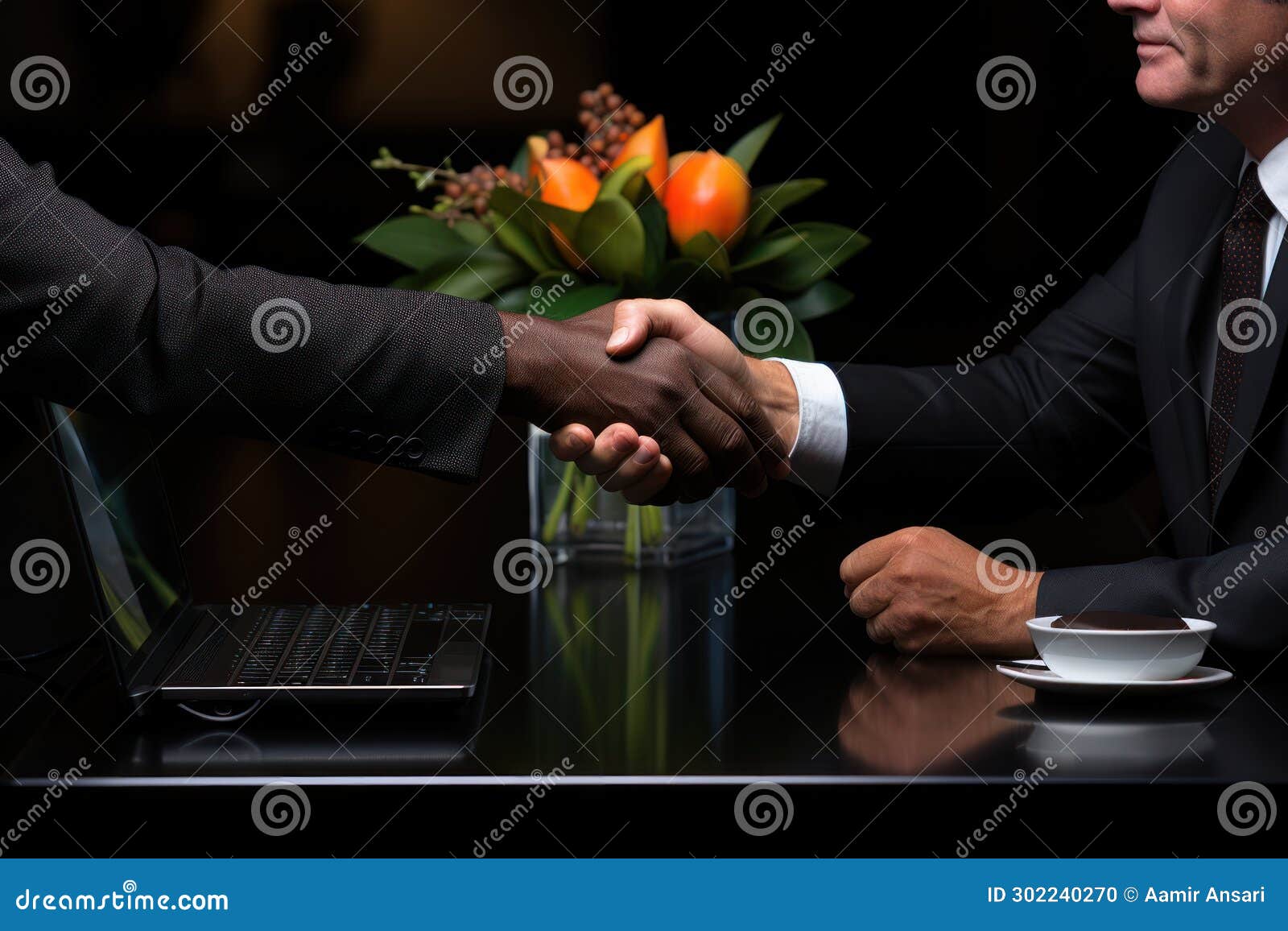 Two Individuals Shaking Hands in Front of a Computer, Business Meeting ...