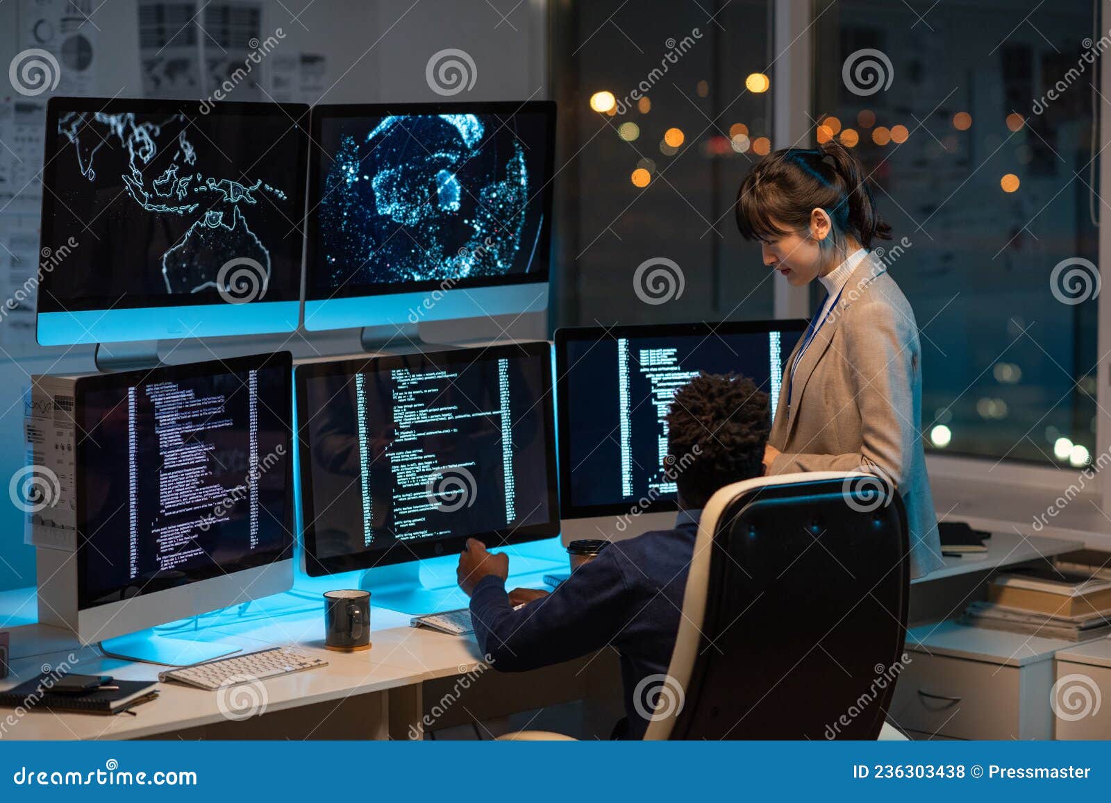 Two Intercultural Programmers Decoding Data on Computer Screen Stock Photo - Image of group ...