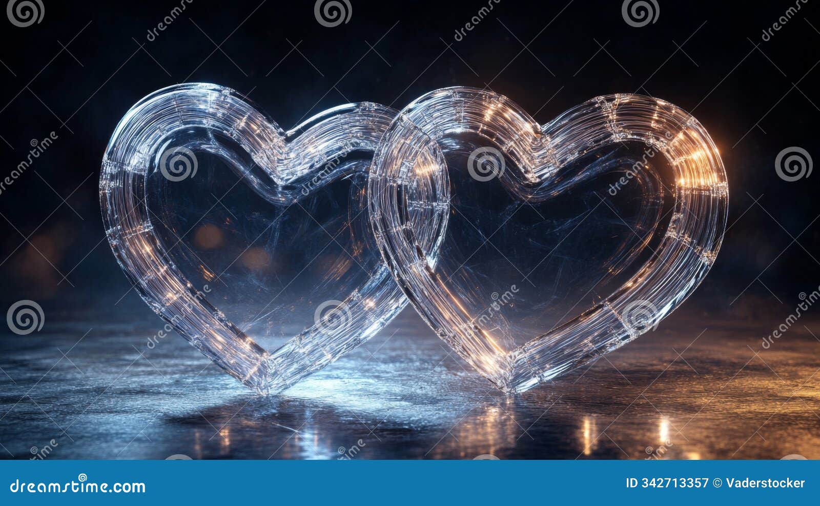 Two Interlocking Glass Hearts on a Reflective Surface Stock ...