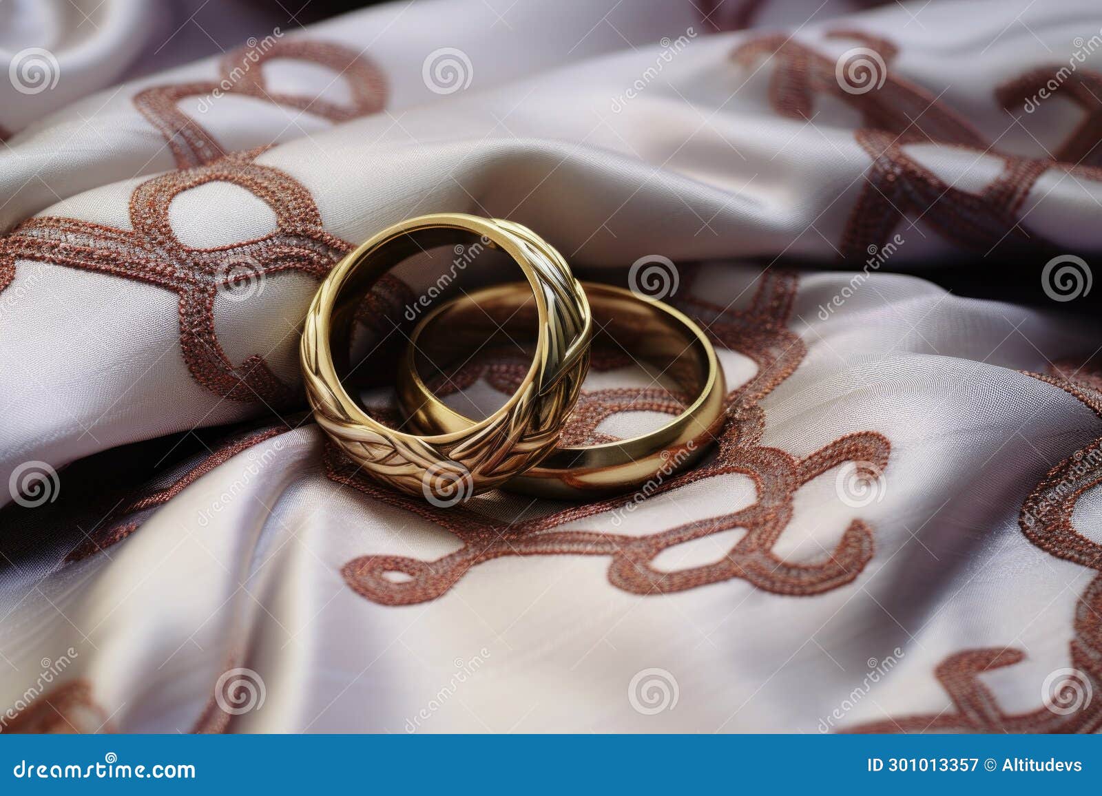 Two Intertwined Wedding Rings Forming an Infinity Sign on a Silk Fabric ...