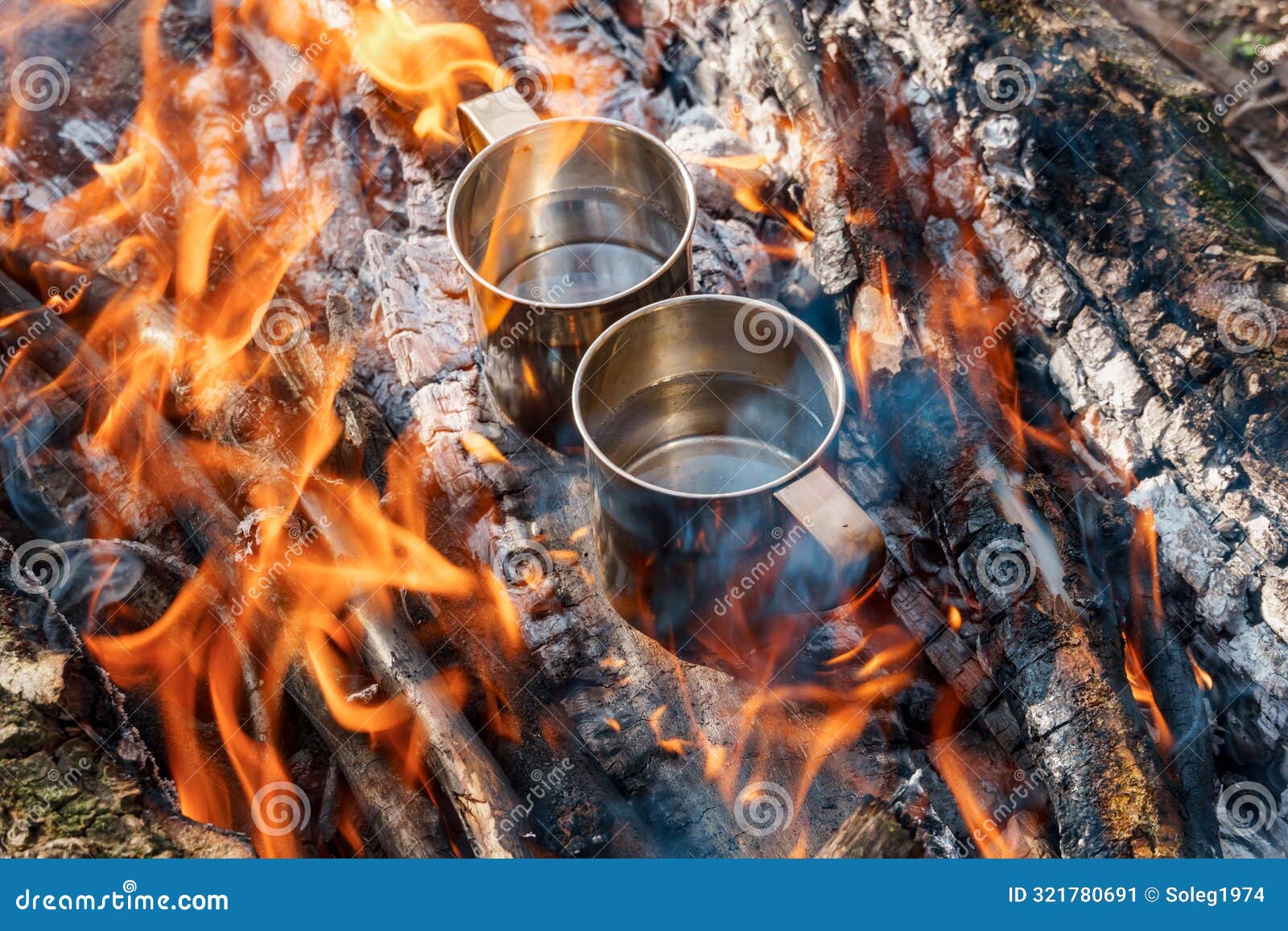 Two Iron Mugs with Boiling Water for Tea Over a Campfire, Cooking while ...