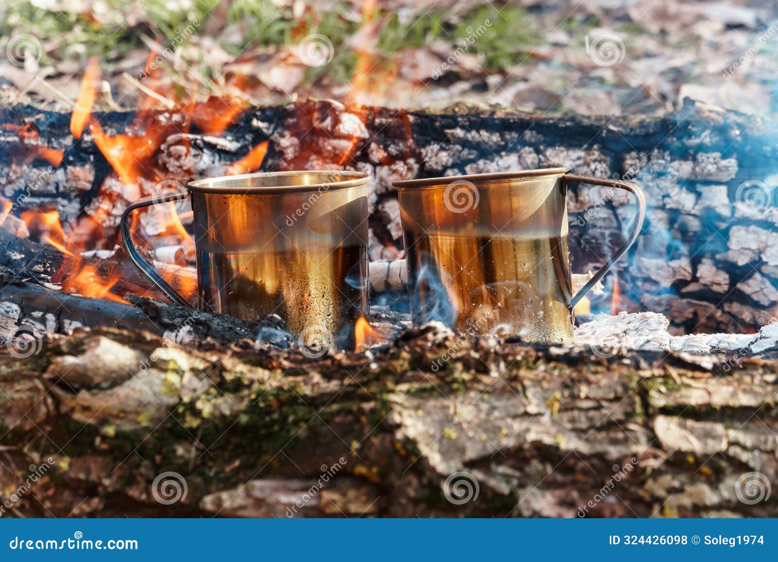 Two Iron Mugs with Boiling Water for Tea Over a Campfire, Cooking while ...