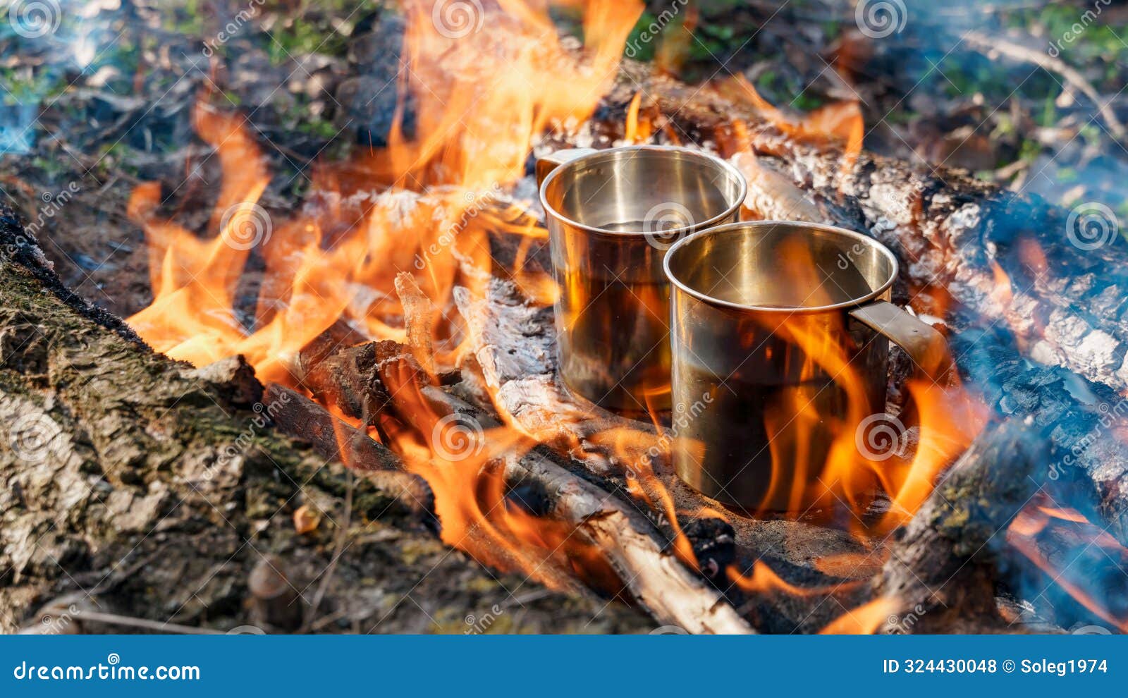 Two Iron Mugs with Boiling Water for Tea Over a Campfire, Cooking while ...
