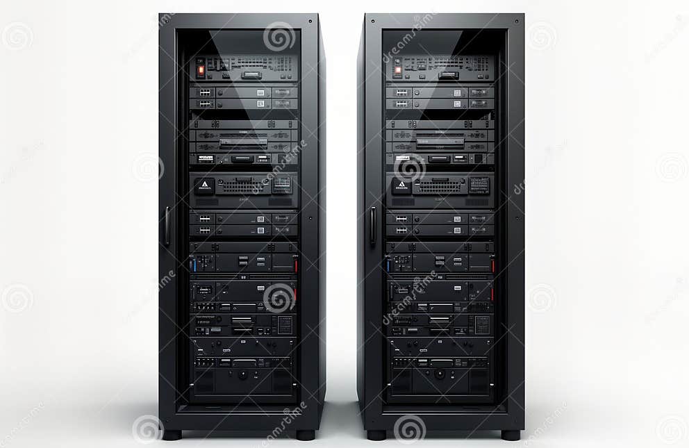 Two Isolated Server Racks Stand on White Background. Modern Tech ...