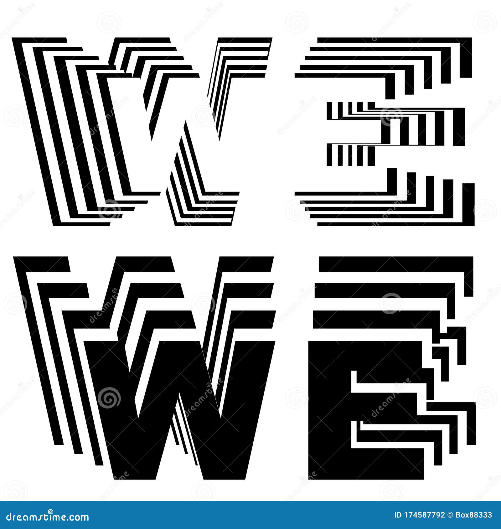 Two Isolated Words `we`. Black and White Striped Letters on a White ...