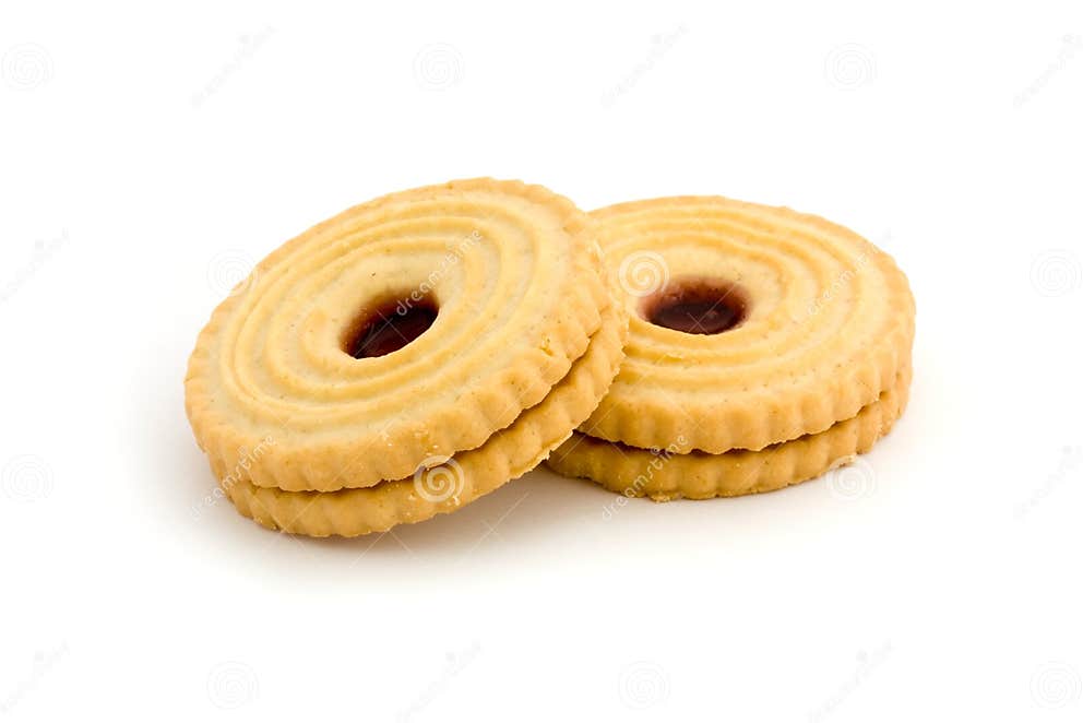 Two Jam Filled Biscuits Over White Stock Photo - Image of circles ...