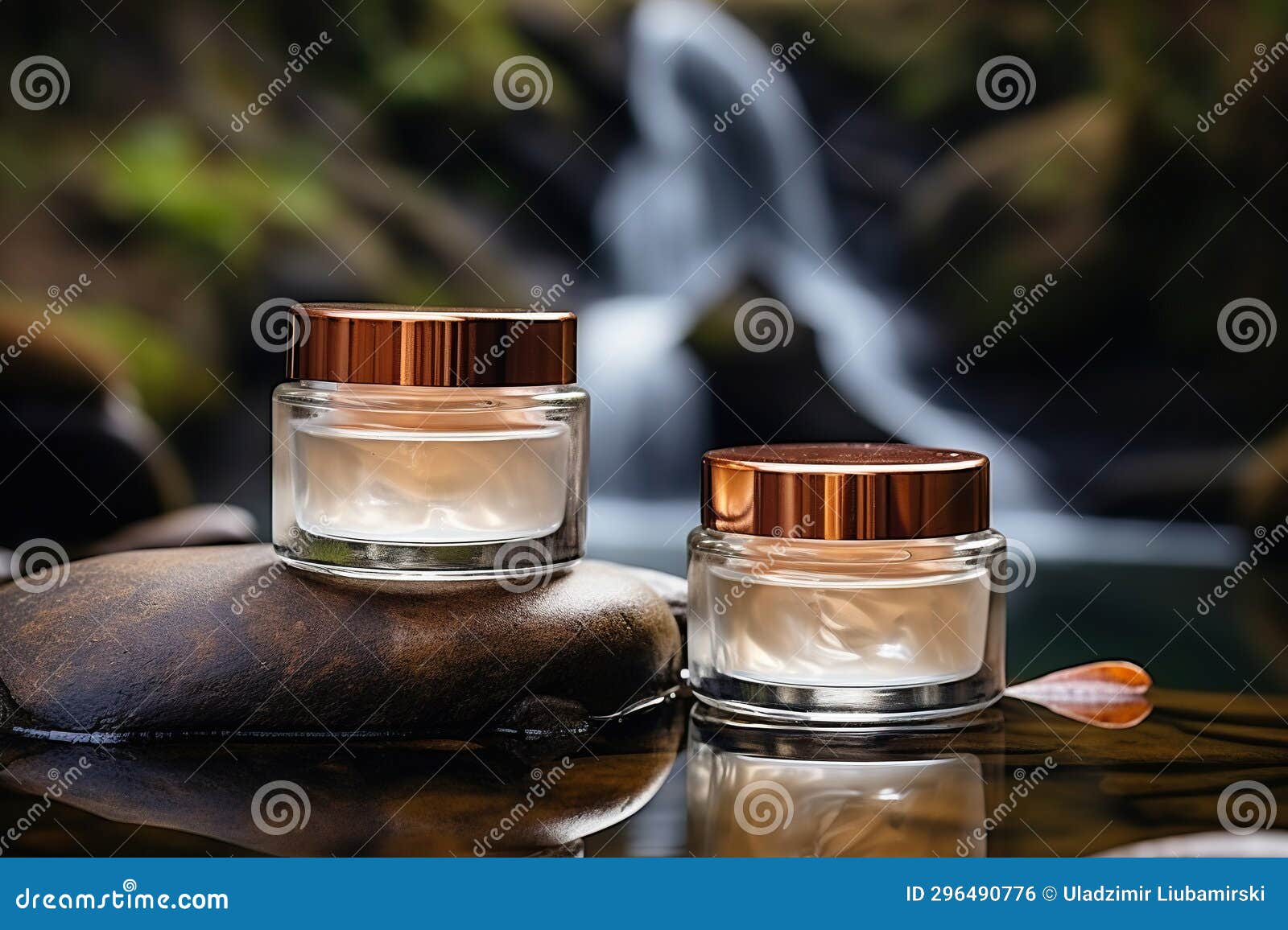 Two Jars of Cream on a Stone on a Blurred Background with a Waterfall ...