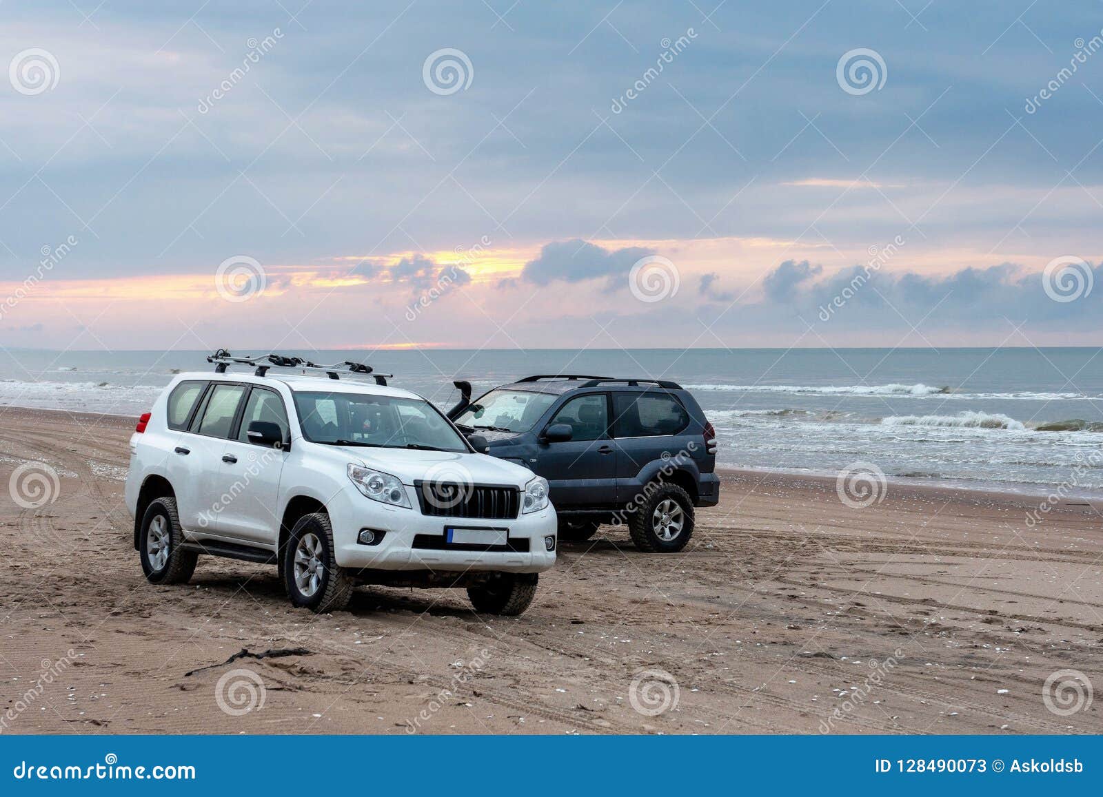 Two 4x4 Jeeps on the Seashore during the Sunset. Stock Image - Image of ...