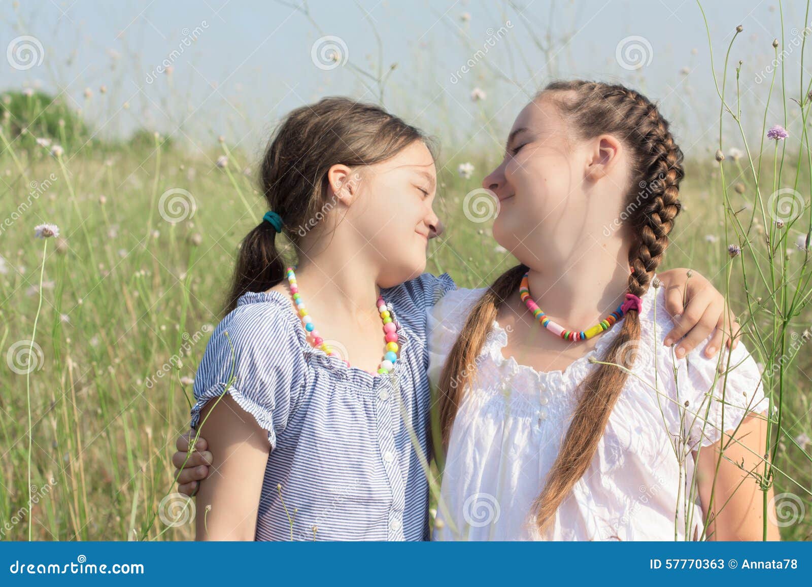 Two Kid Girls Having Fun on the Field Stock Image - Image of friendly ...