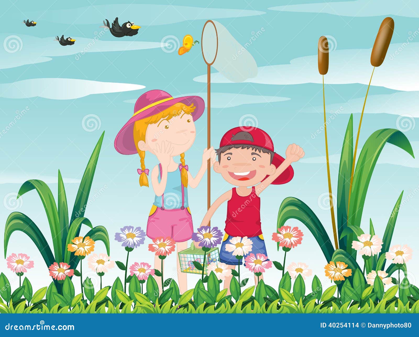 Two Kids Catching the Butterflies Stock Vector - Illustration of cage ...