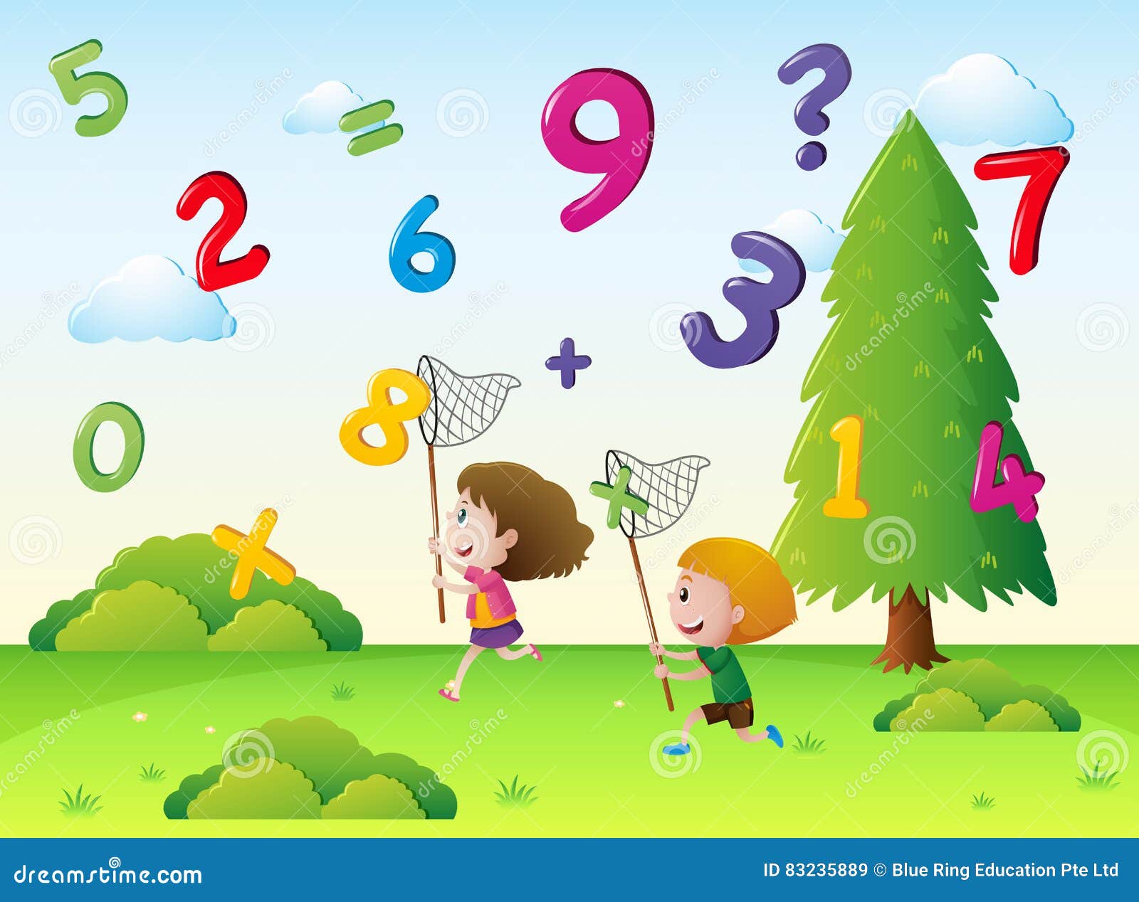 Two Kids Catching Numbers in the Sky Stock Illustration - Illustration ...