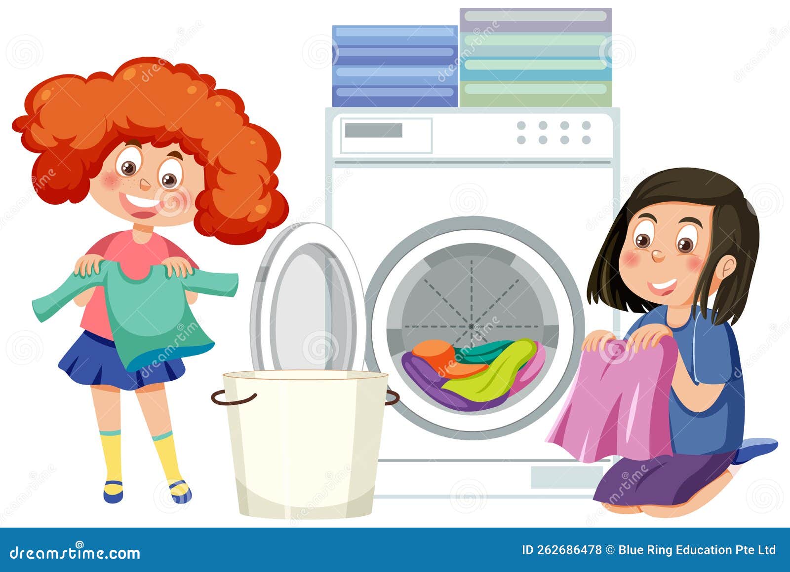 Two Kids Doing Laundry Together Stock Vector - Illustration of little ...