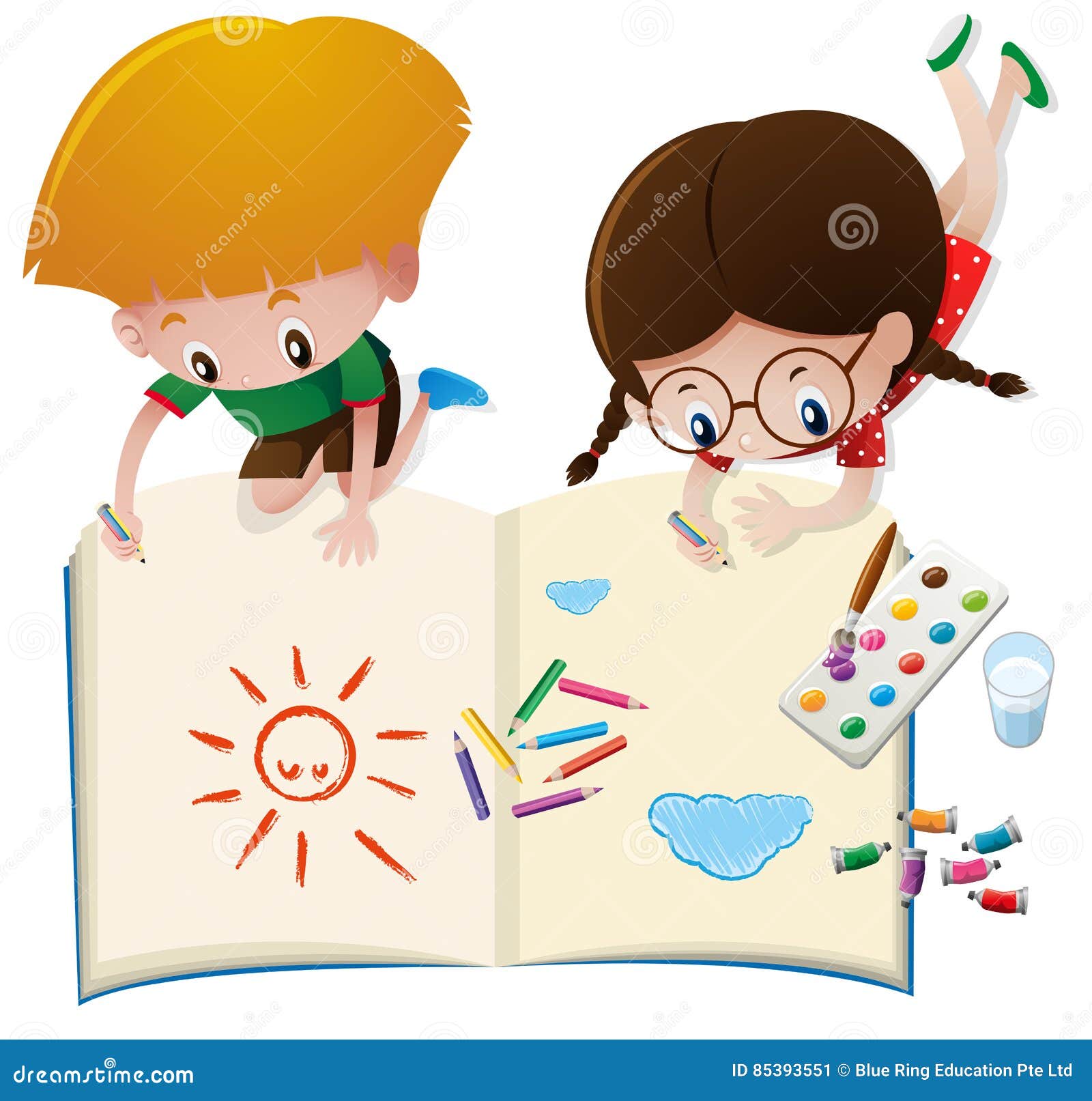 Two Kids Drawing On Big Book Cartoon Vector | CartoonDealer.com #85393551