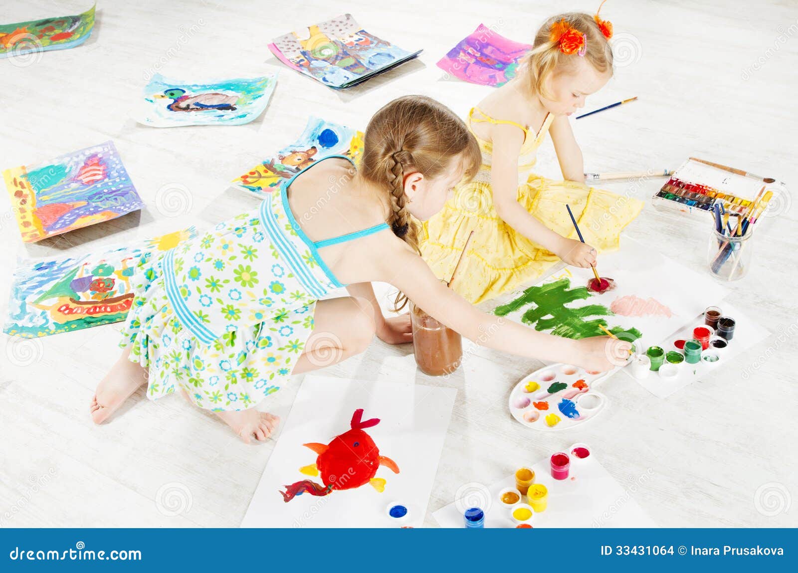 Two Kids Drawing with Color Brush Stock Photo - Image of color, gouache ...