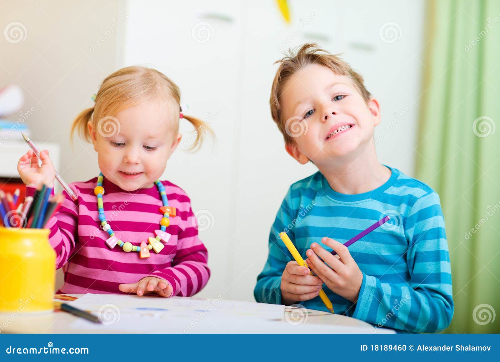 Two Kids Drawing with Coloring Pencils Stock Photo - Image of lifestyle ...