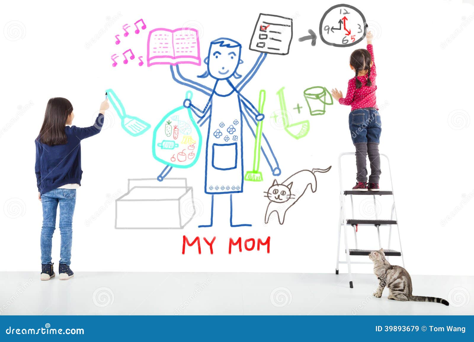 Two Kids Drawing Her Mother Working Tasks Stock Image - Image of artist ...