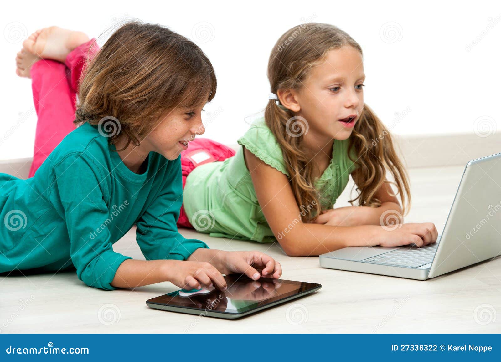 Two Kids on Floor with Laptop and Tablet. Stock Photo - Image of ...