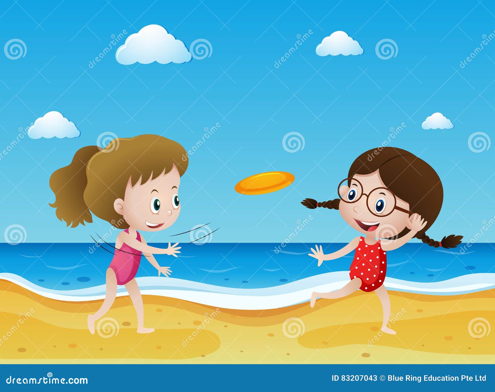 Two Kids Flying Frisbee on the Beach Stock Vector - Illustration of ...