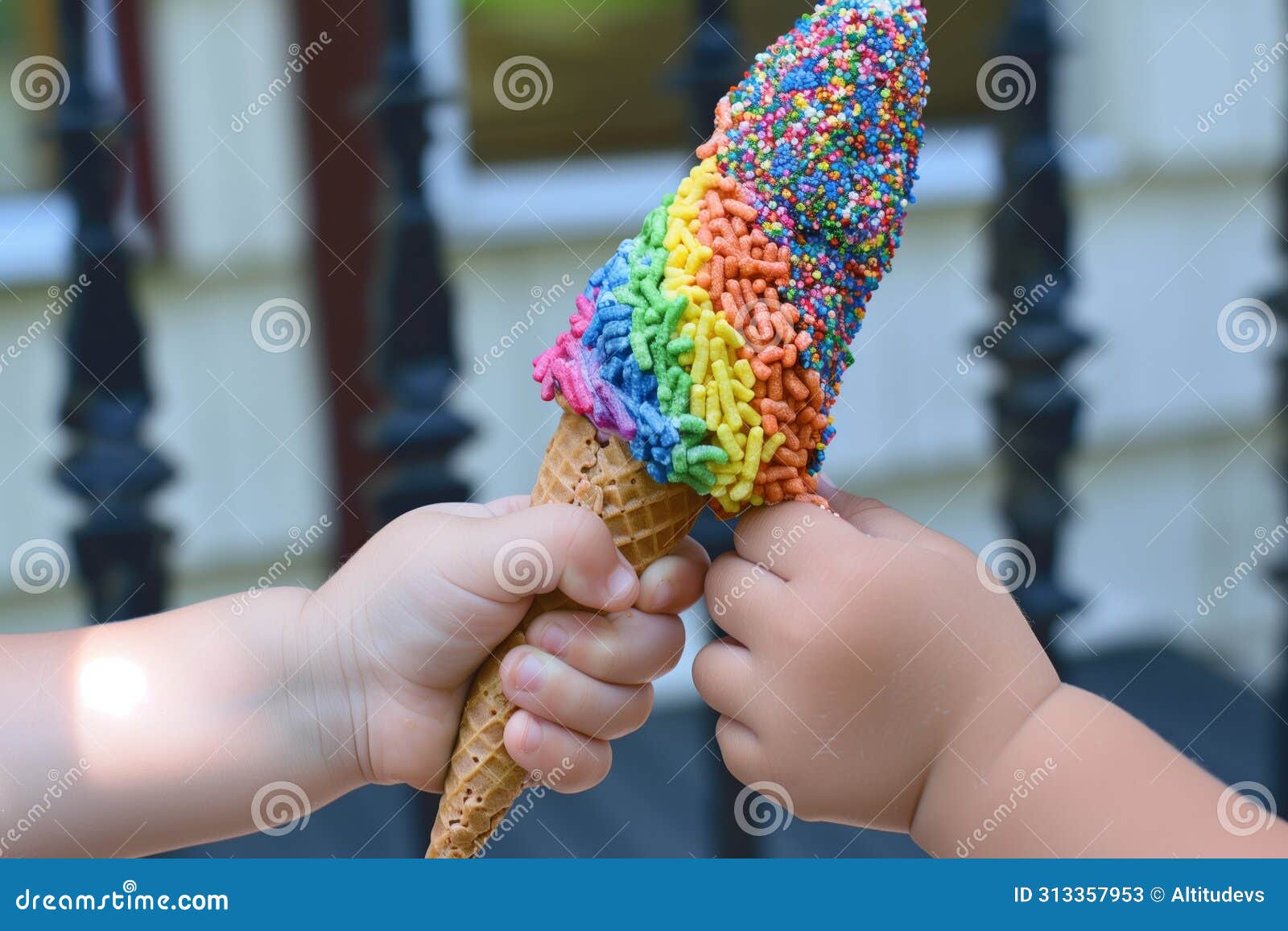Two Kids Hands Each Holding a Rainbow Sprinklecovered Cone Stock Image ...