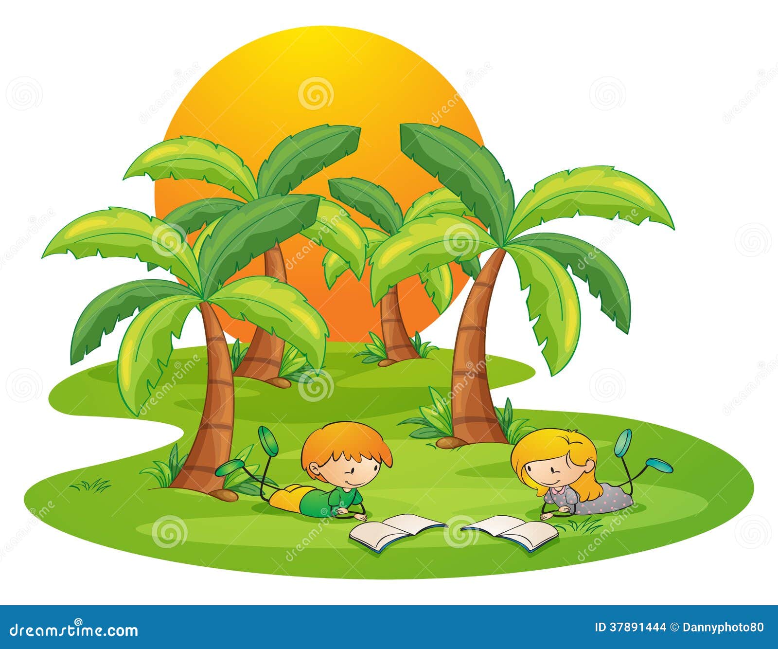 Two Kids in the Island Reading Near the Coconut Trees Stock Vector ...