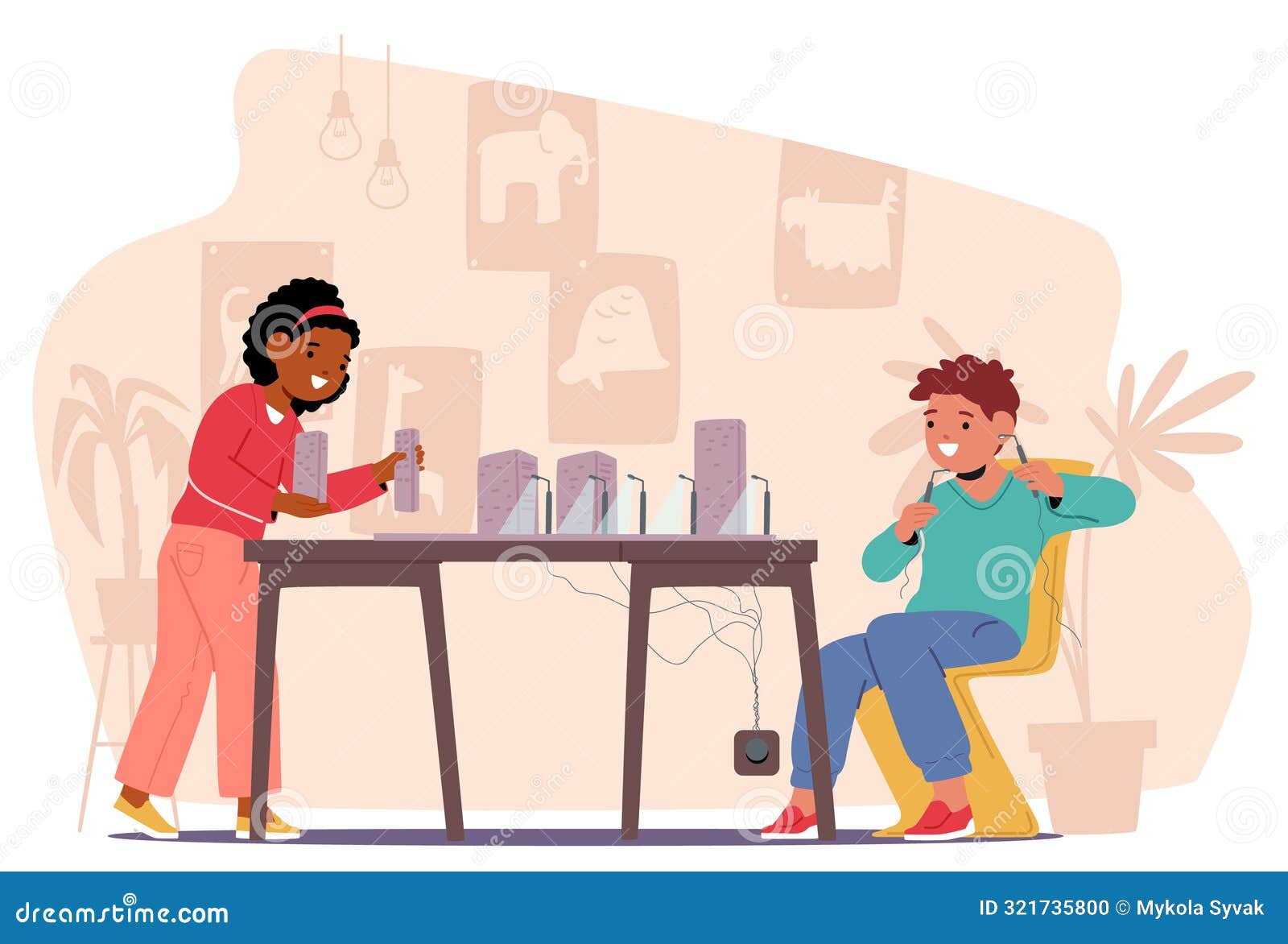 Two Kids Joyfully Working On A School Project In The Classroom. They ...