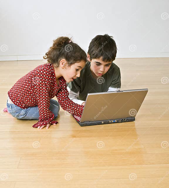 Two Kids with Laptop Computer Stock Image - Image of friendship, game ...