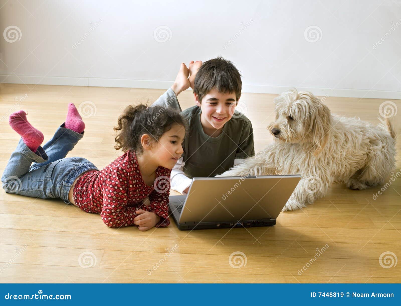 Two Kids with Laptop Computer and a Dog Stock Image - Image of ...
