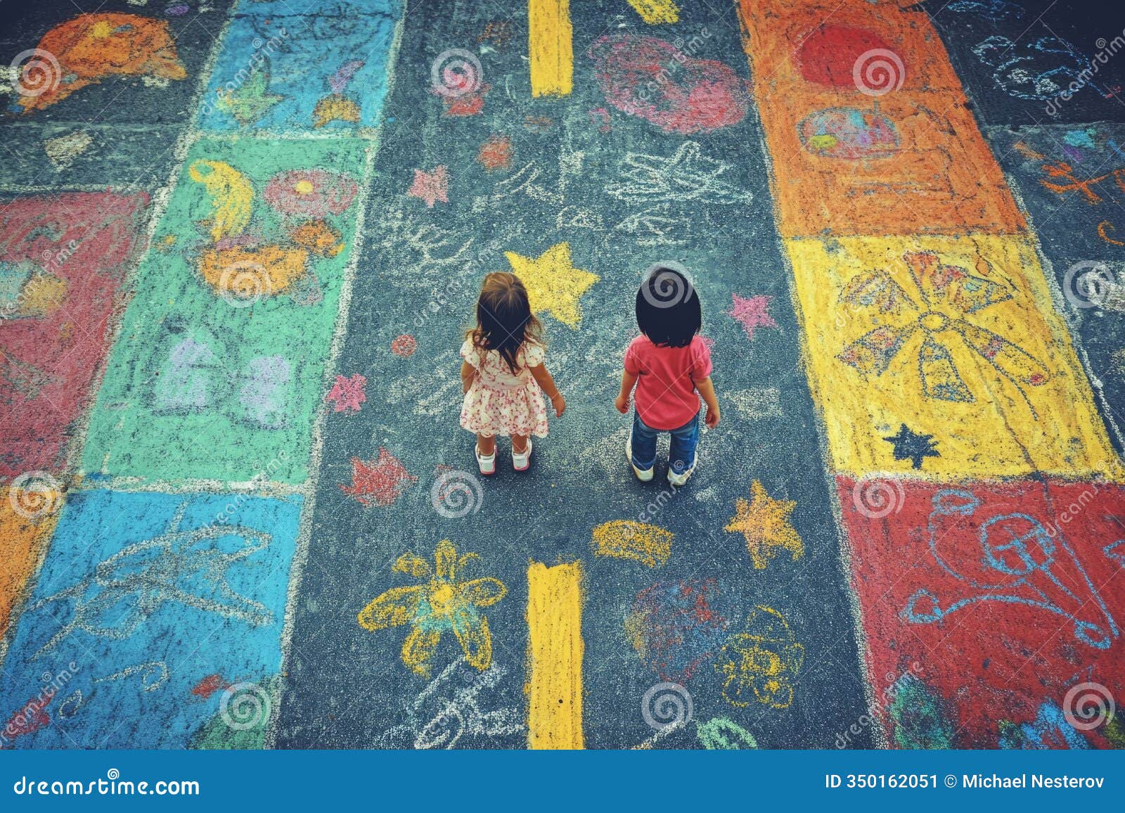 Two Kids Looking at Colorful Chalk Drawings on the Ground Stock Image ...