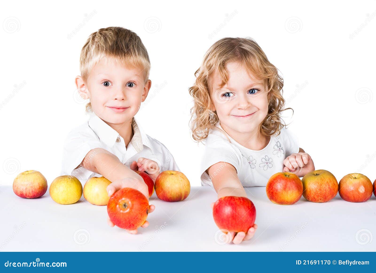 Two Kids Offering Apples on White Stock Photo - Image of cheerful ...